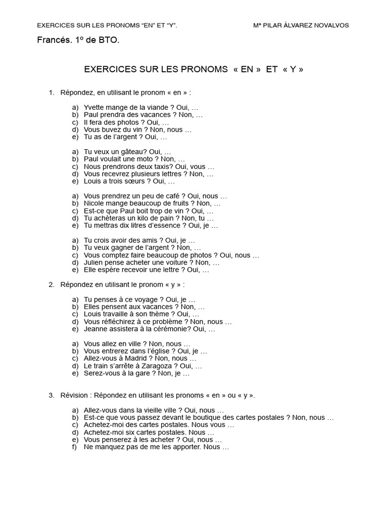 Exercices sur les pronoms "en" et "y" | PDF | Arts du langage et ...