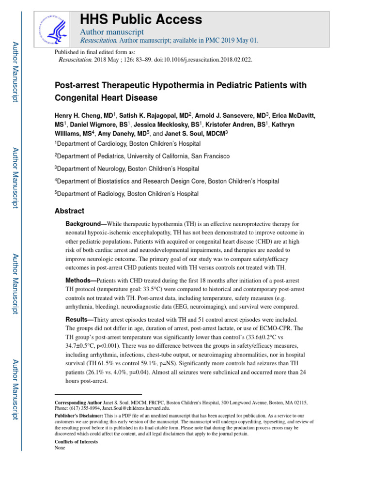 Post-arrest Therapeutic Hypothermia in Pediatric Patients with ...