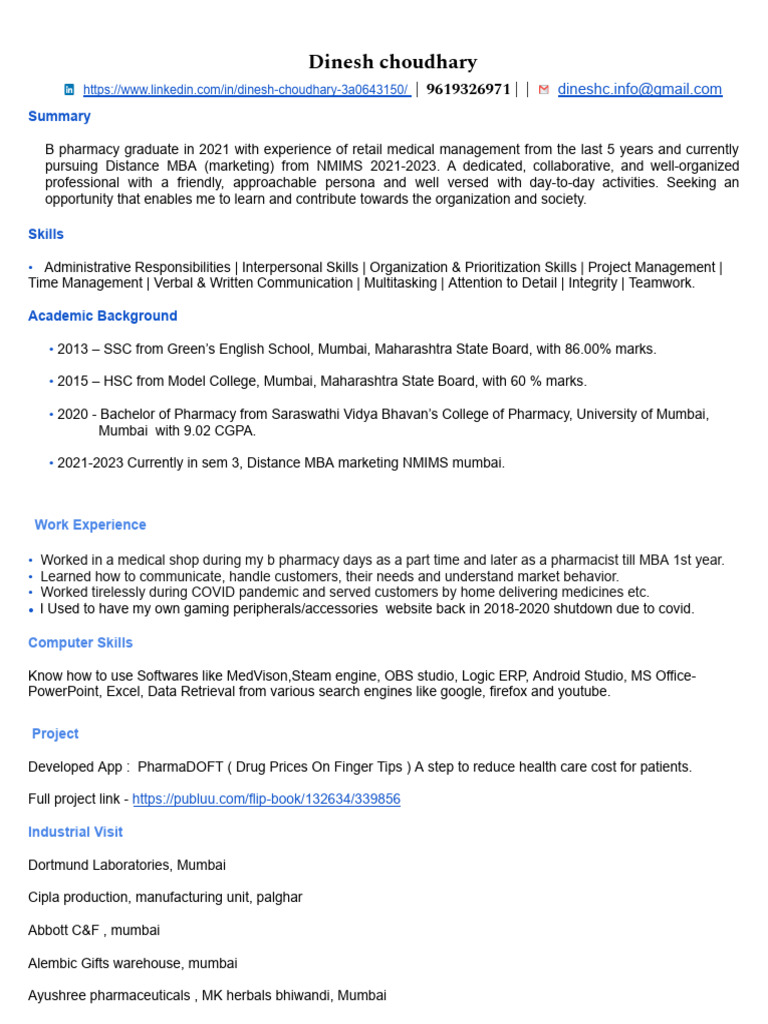 Dinesh CV | PDF | Pharmacy | Health Care