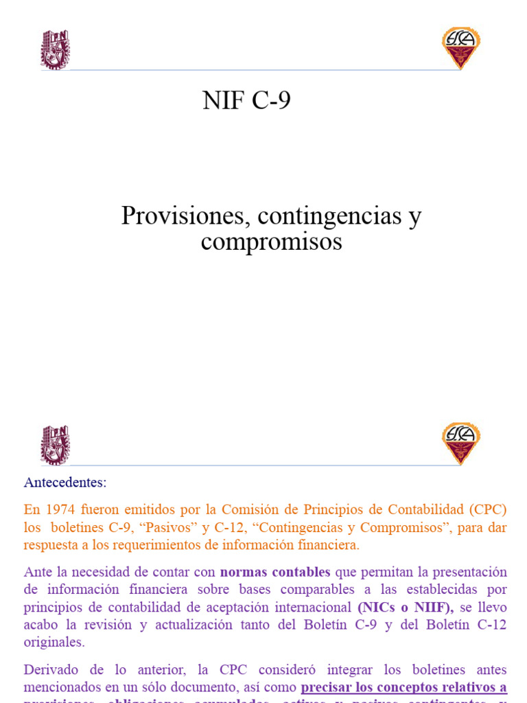1. NIF C-9 Provisiones, Contingencias y Compromisos | PDF | normas internacionales de ...