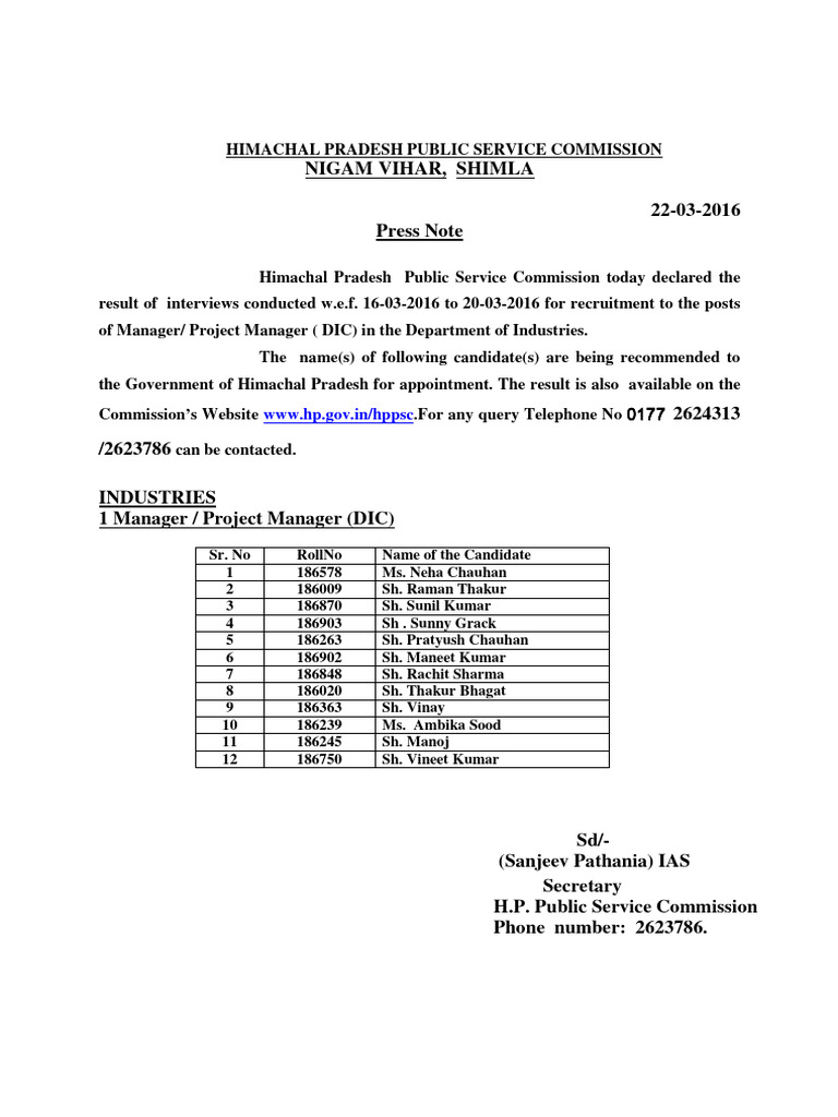 2016 - 3 - Press Note - Interview Result For The Posts Manager ...