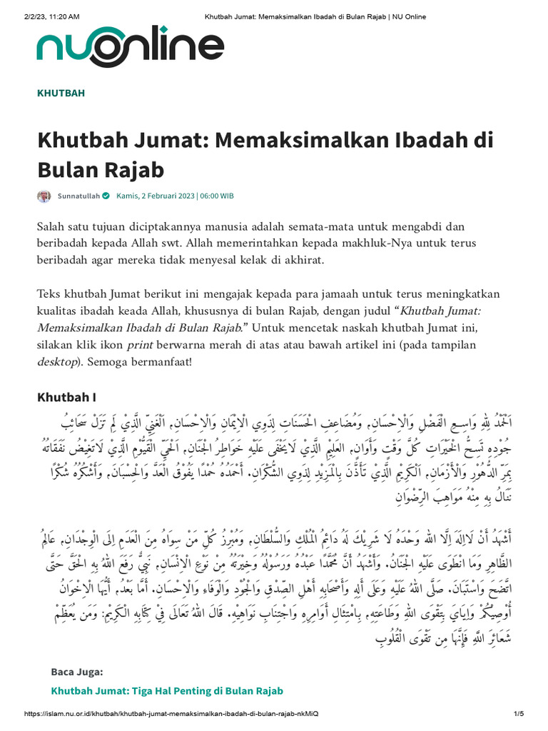 Khutbah Jumat - Memaksimalkan Ibadah Di Bulan Rajab - NU Online | PDF | Agama & Spiritualitas