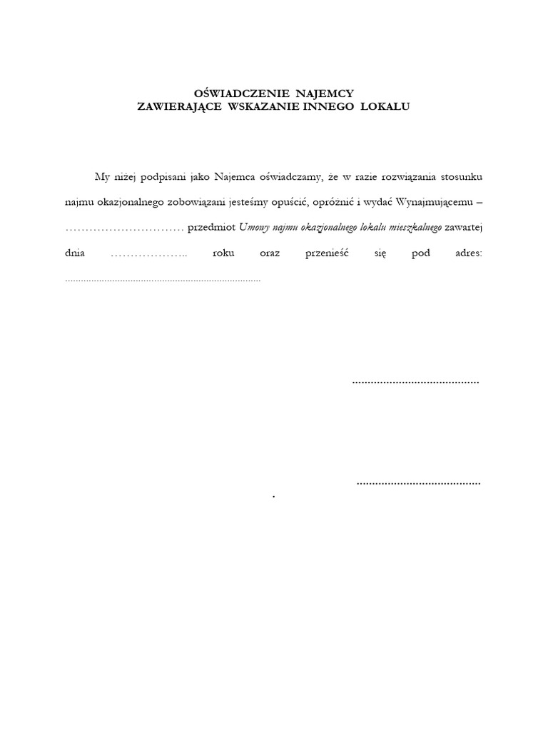 Oświadczenie Najemcy Zawierające Wskazanie Innego Lokalu | PDF