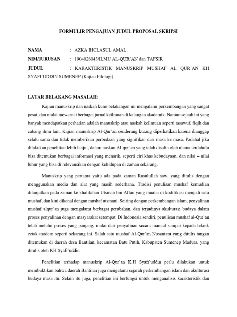 FORMULIR PENGAJUAN JUDUL PROPOSAL SKRIPSI - Azka Ihclasul Amal - 1904026043 | PDF | Sejarah