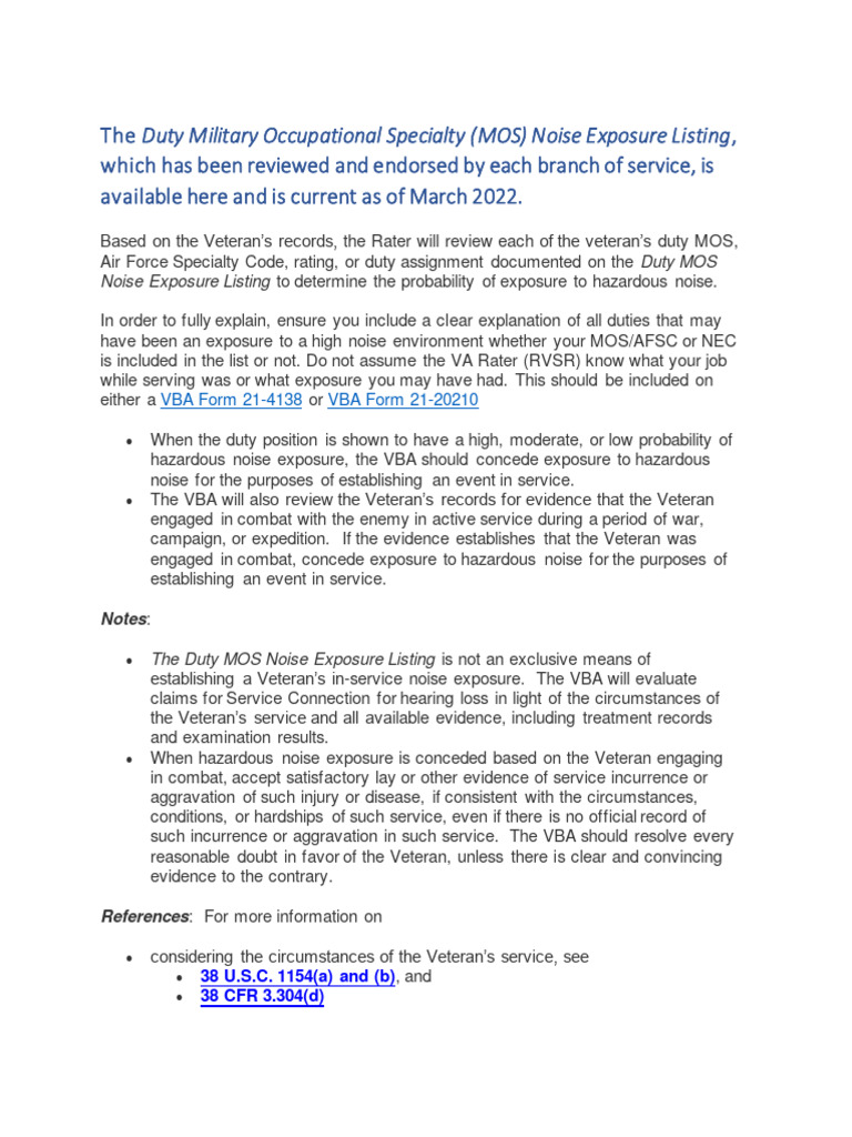 MARCH 2022 Duty Noise Exposure MOS List | PDF