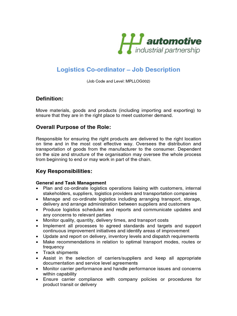 Logistics Coordinator Generic JD | PDF | Logistics | Supply Chain