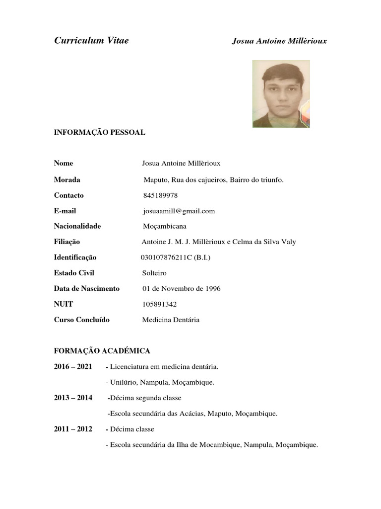 Curriculum Vitae Josua Millerioux | PDF | Moçambique | Remédio