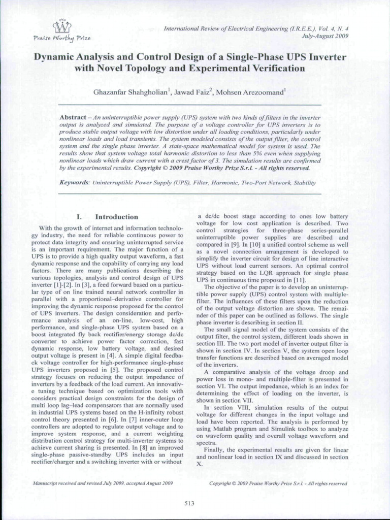 Dynamic Analysis and Control Design of A Single-Phase UPS Inverter | PDF