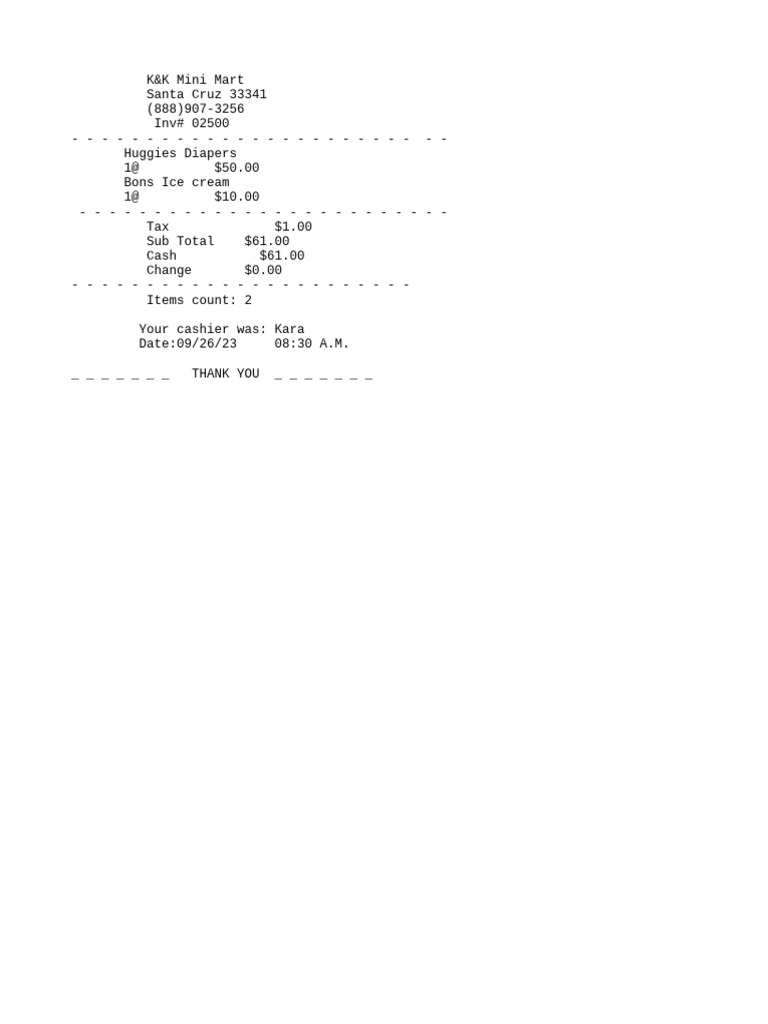 K&K Mini Mart Receipt - 09/26/23 | PDF