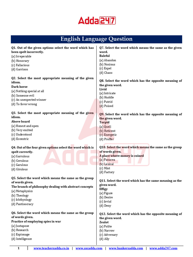 Free English Language Questions PDF For SSC Exams - 1044 | PDF