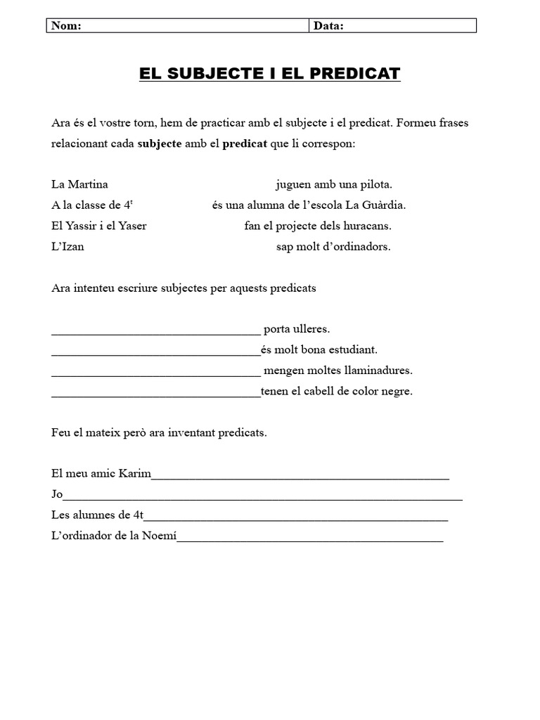 Fitxa Subjecte i Predicat | PDF