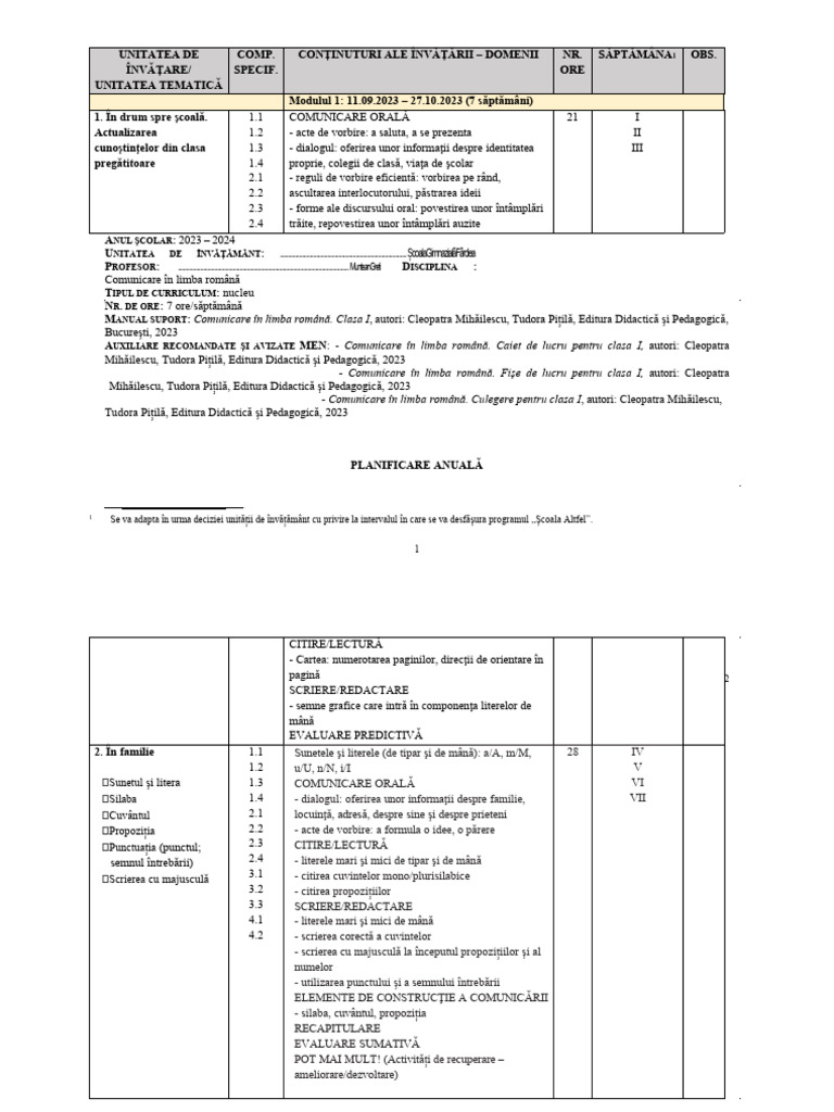 Planificare-Si-Proiectare CLR CLASA 1 | PDF