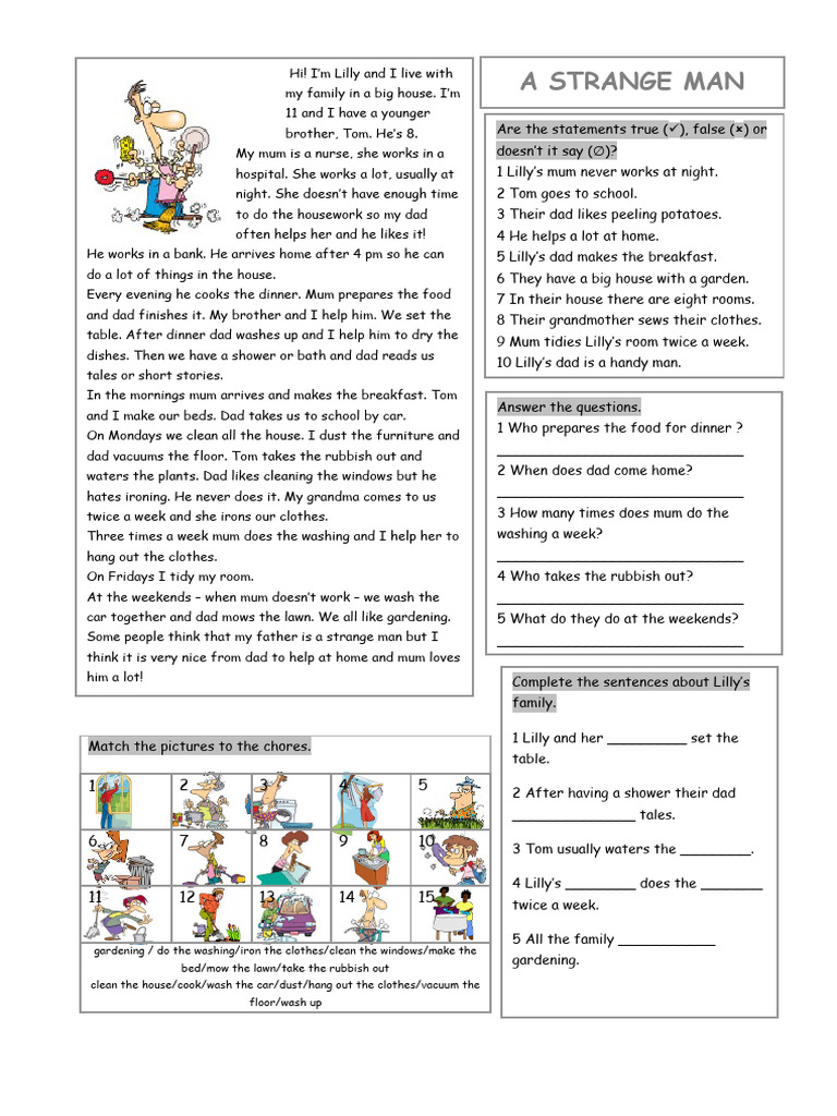 A Strange Man Dad Housework Icebreakers Reading Comprehension Exercises ...