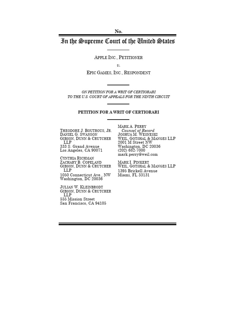 Epic v. Apple - Cert Petition | PDF