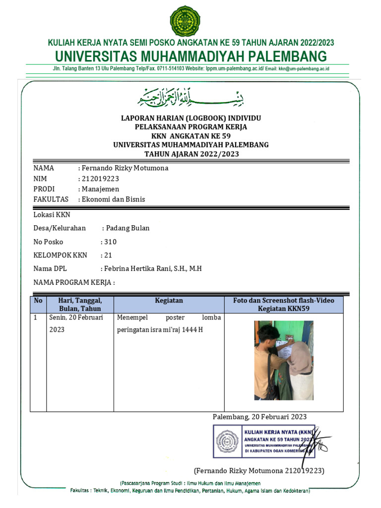 Logbook Fernando Rizky 212019223 (Tanggal 14 - 20 Februari 2023) | PDF