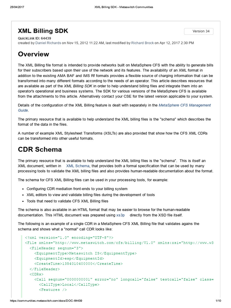 XML Billing SDK - Metaswitch Communities | PDF