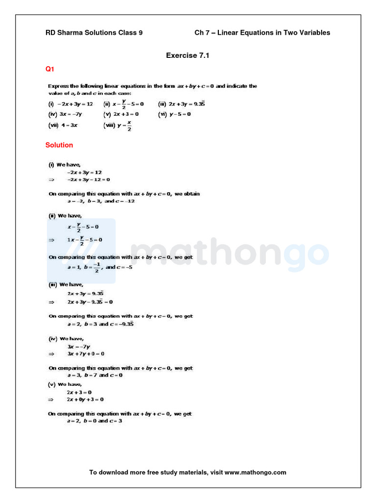RD Sharma Class 9 Chapter 7 Linear Equations in Two Variables | PDF