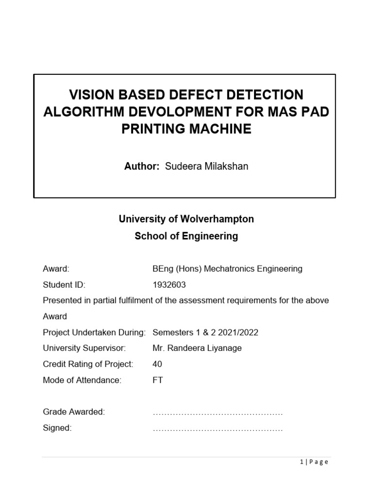 Vision Based Defect Detection Algorithm Devolopment For Mas Pad Printing Machine | PDF