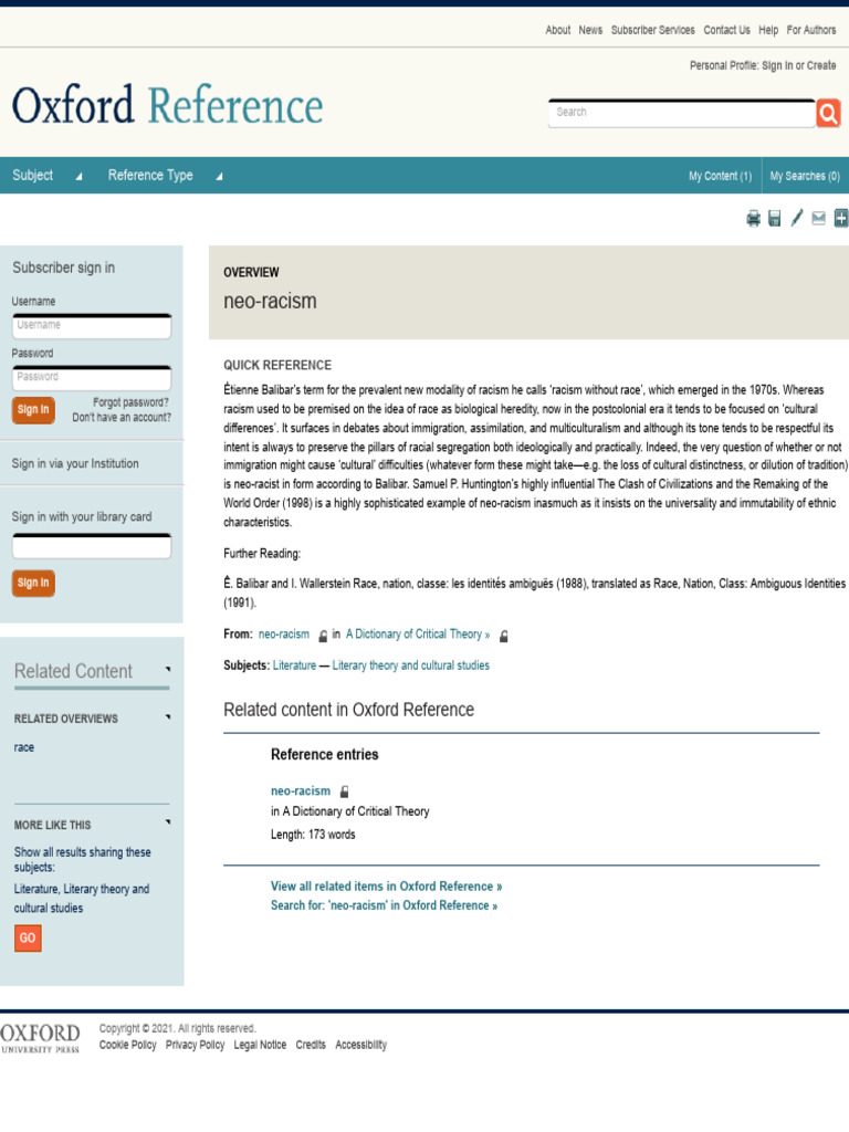 Neo-Racism - Oxford Reference | PDF