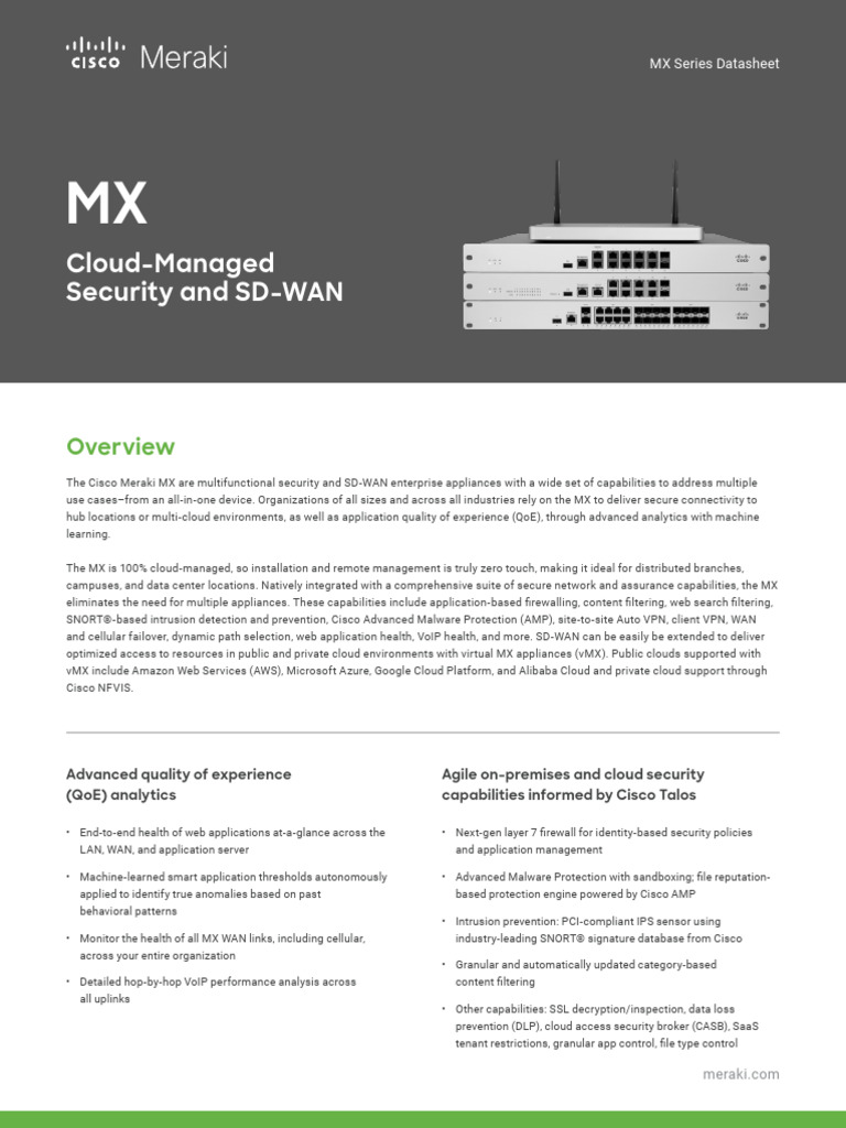 Cloud Managed Security and SD-WAN MX Series Datasheet | Download Free PDF | Virtual Private ...