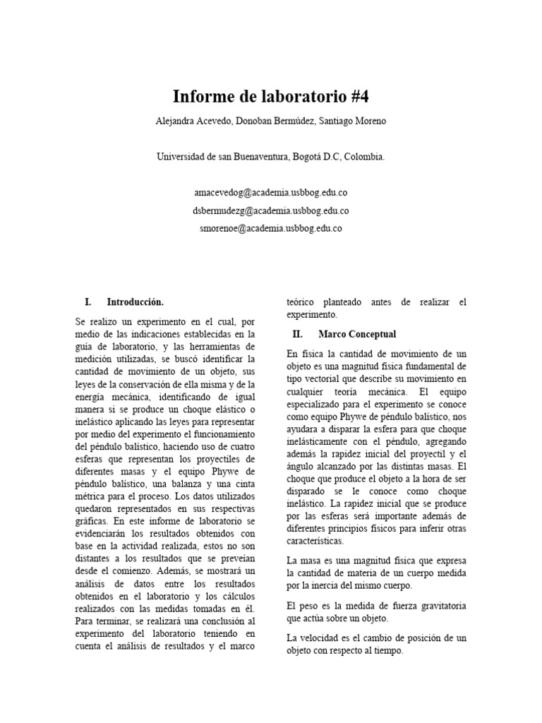 Laboratorio Fisica 5 Pendulo Balistico | PDF | Energía cinética | Péndulo