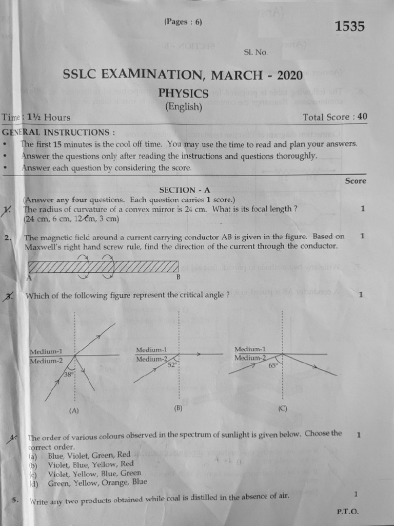 Physics Question Paper (EM) SSLC Exam March 2020 | PDF