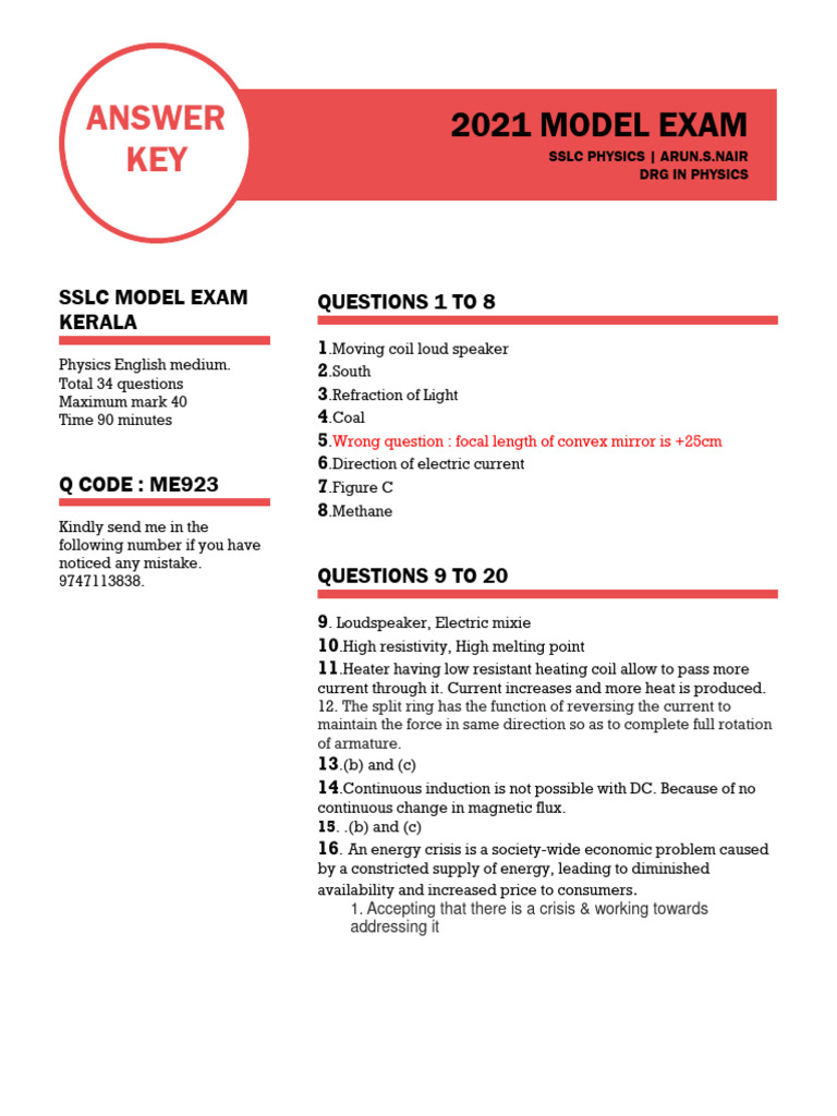 SSLC Model Exam 2021 PHYSICS Answer Key EM by Arun Sir | PDF ...