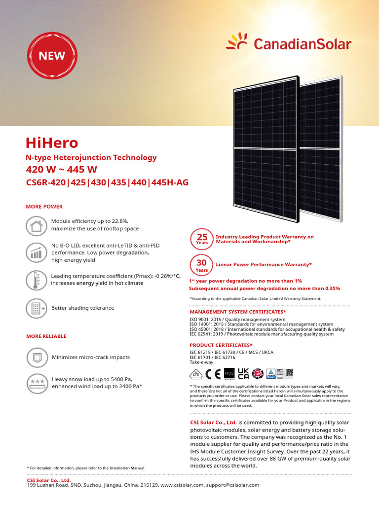 CS Datasheet HiHero CS6R H AG v2.5C25 en 25y Product Warranty For EU JP | PDF