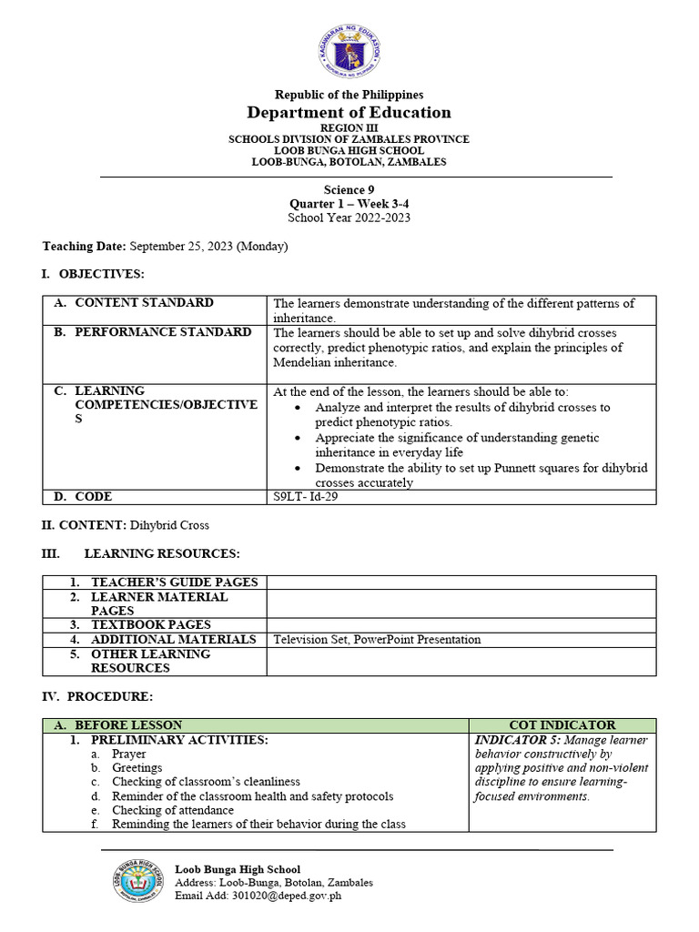 Dihybrid Detailed Lesson Plan | PDF