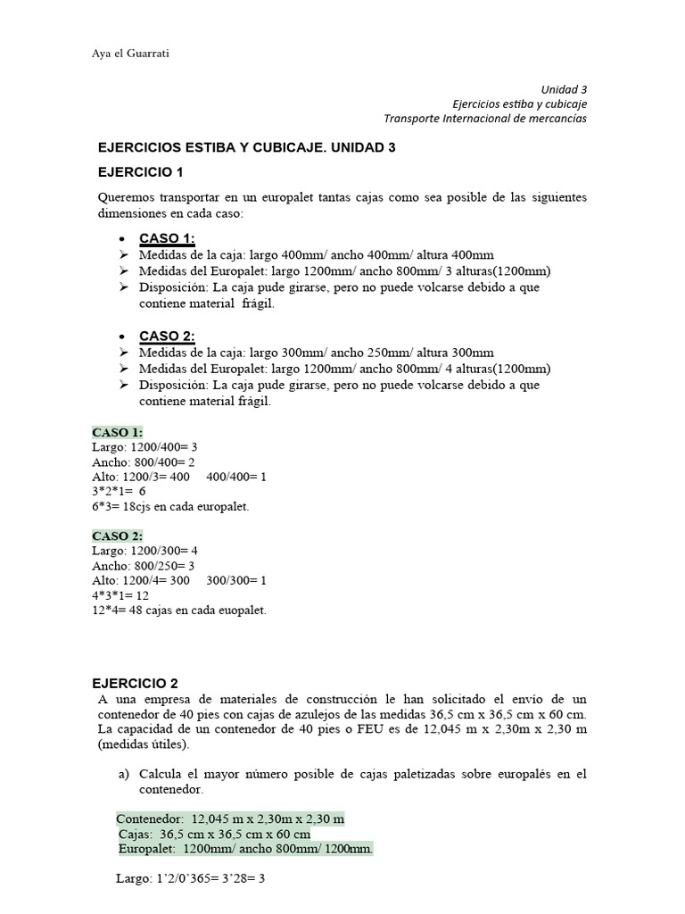 EJERCICIOS ESTIBA Y CUBICAJE - Resuelto | PDF