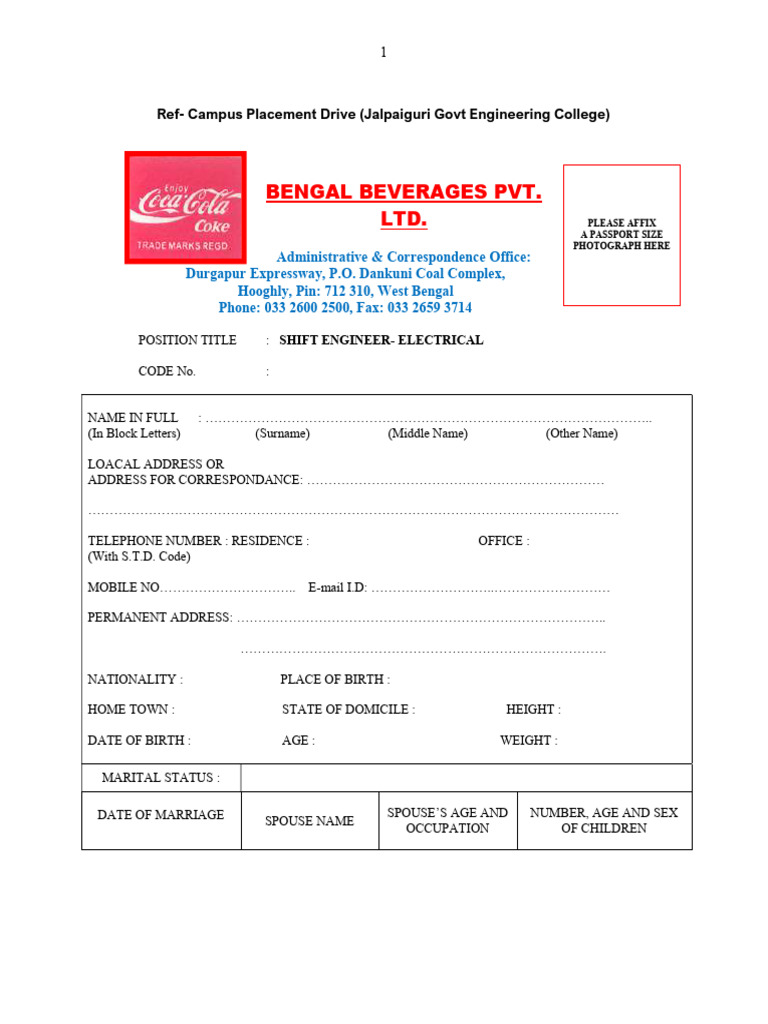 BBPL Application Form - Shift Engg (Electrical) | PDF