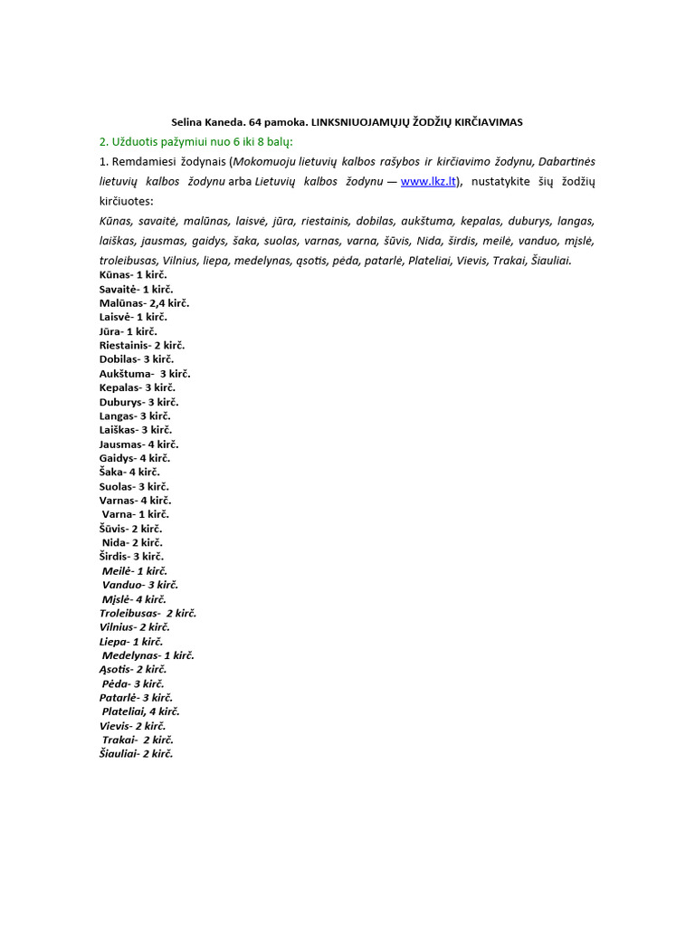 64 Pamoka. LINKSNIUOJAMŲJŲ ŽODŽIŲ KIRČIAVIMAS | PDF