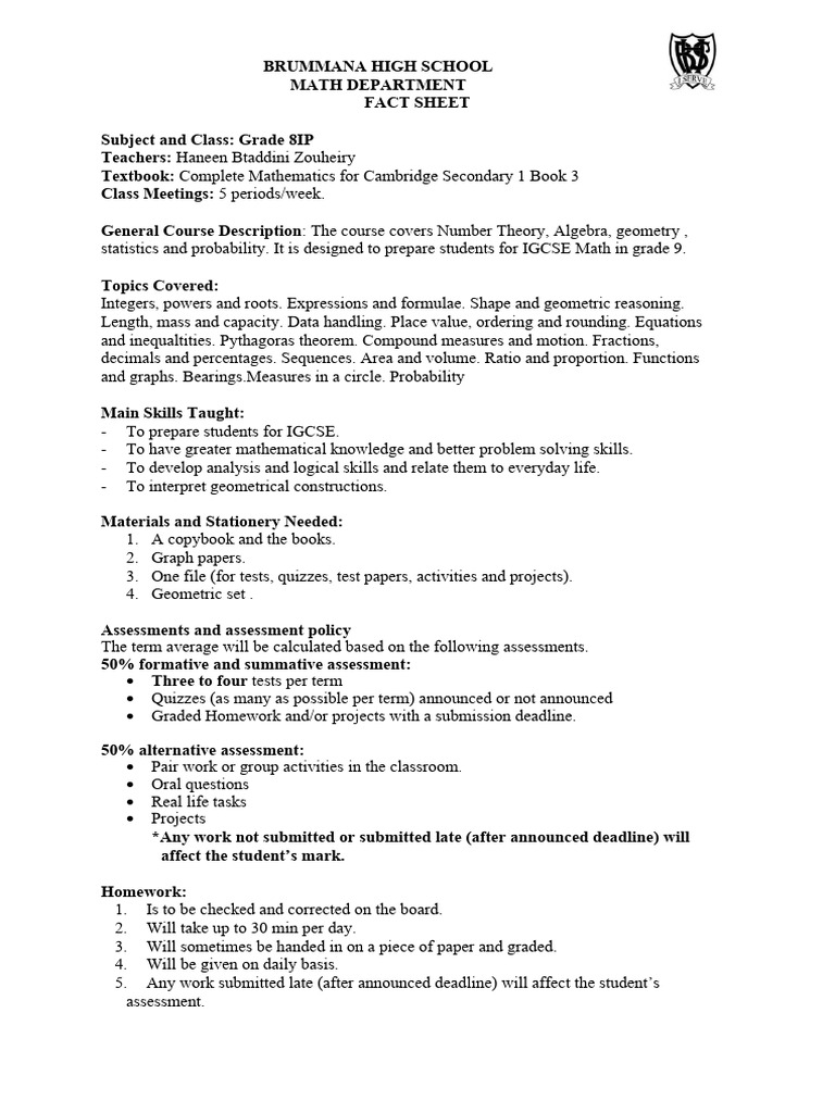 Fact Sheet - Grade 8 IP - 2020 - 2021 | PDF | Mathematics | Geometry