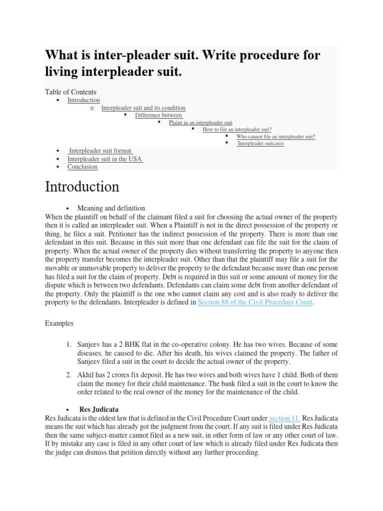 What Is Inter-Pleader Suit. Write Procedure For Living Interpleader ...