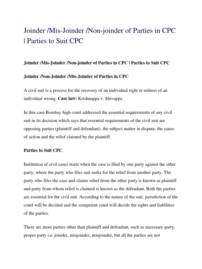 Joinder and Misjoinder in CPC Explained | PDF | Law