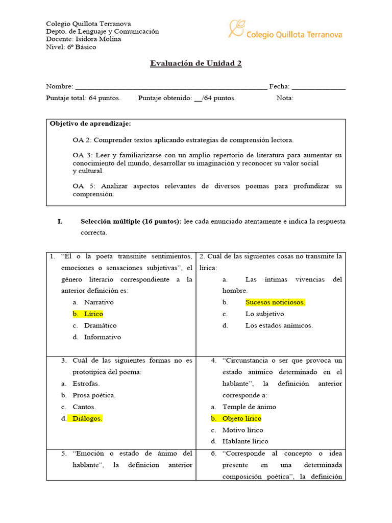 6to Básico Prueba Unidad Ii Corrección Pdf