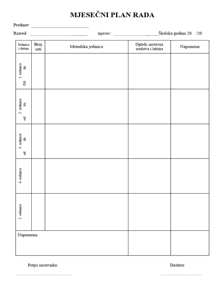 Mjesecni Plan Rada Obrazac1 | PDF