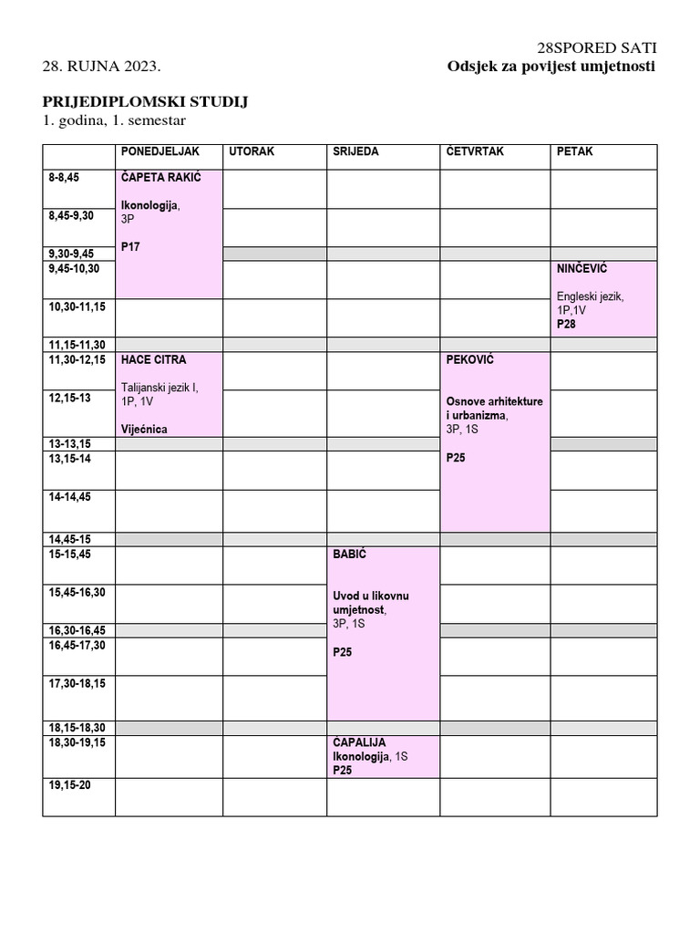 Raspored POVIJEST UMJETNOST Zimski 2023-2024 | PDF