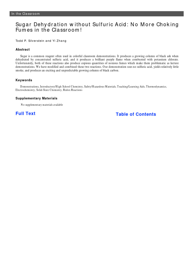 Sugar Dehydration Without Sulfuric Acid: No More Choking Fumes in The ...