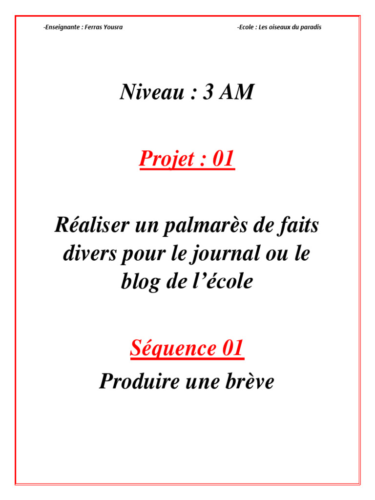 Fiches 3AM P 1 S1produire Une Brève Compressé | PDF