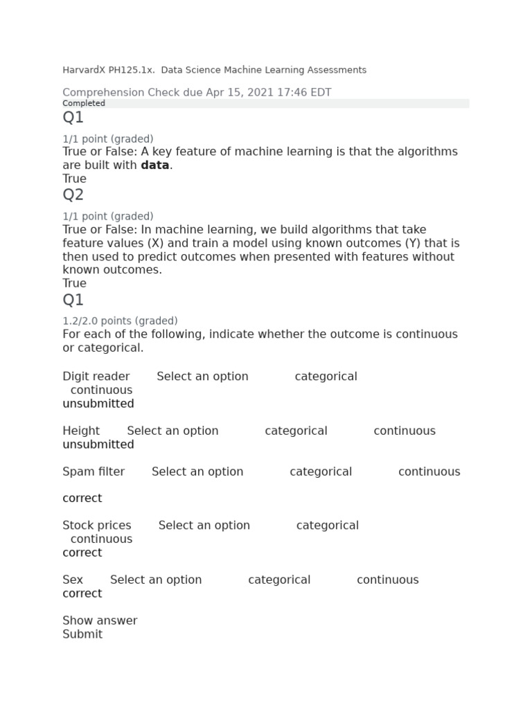 HarvardX Data Science ML Assessments | PDF