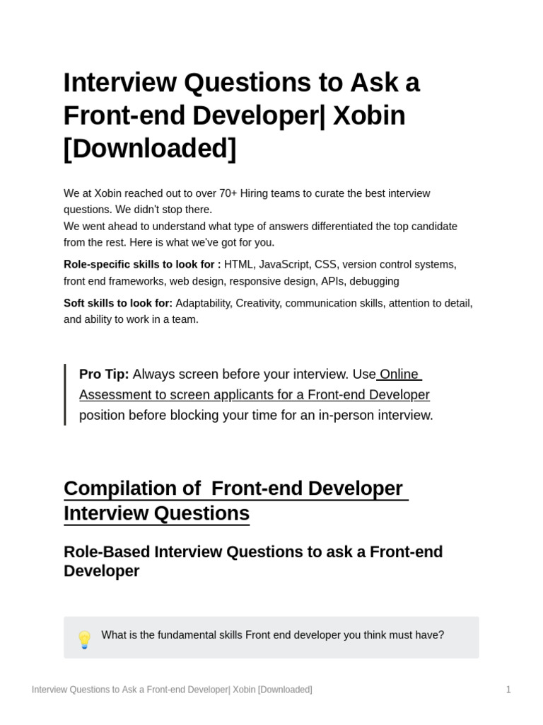 Interview Questions To Ask A Front-End Developer Xobin Downloaded | PDF