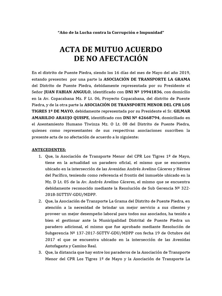 Acta de Mutuo Acuerdo | PDF