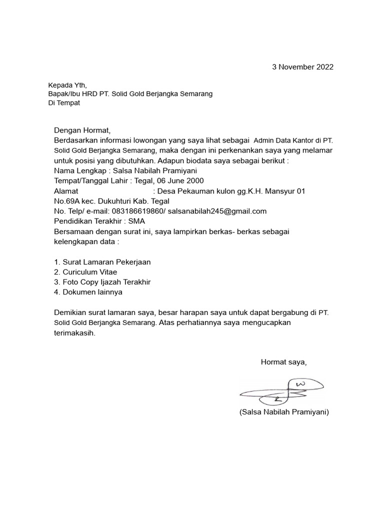 Surat Lamaran Di PT Solid Gold Berjangka Semarang | PDF | Karier & Perkembangan