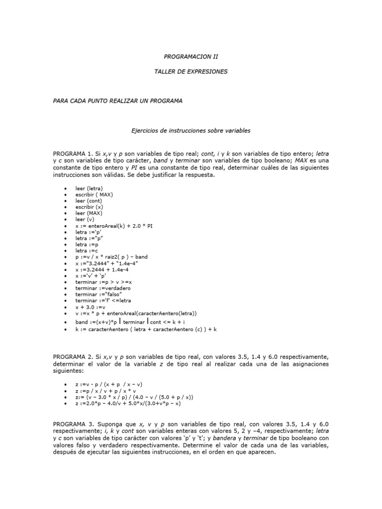 PROGRAMACION II Taller 1 Expresiones | PDF