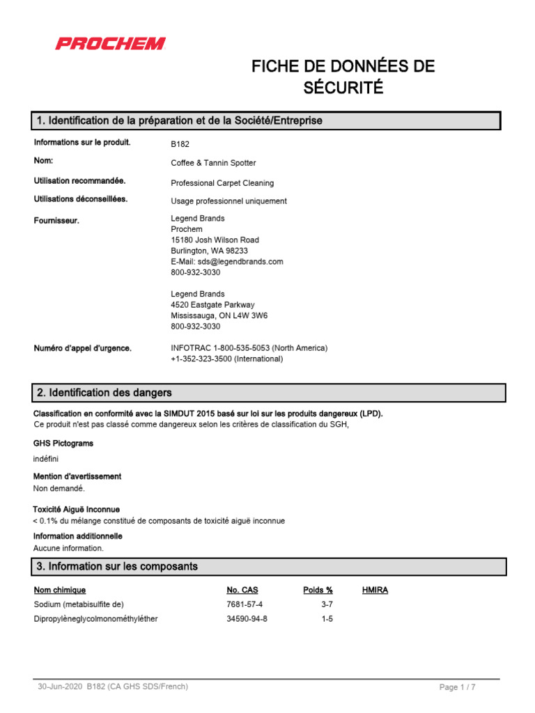 Coffee-Tannin Spotter CAN FR Published SDS June 30 2020 B182 | PDF