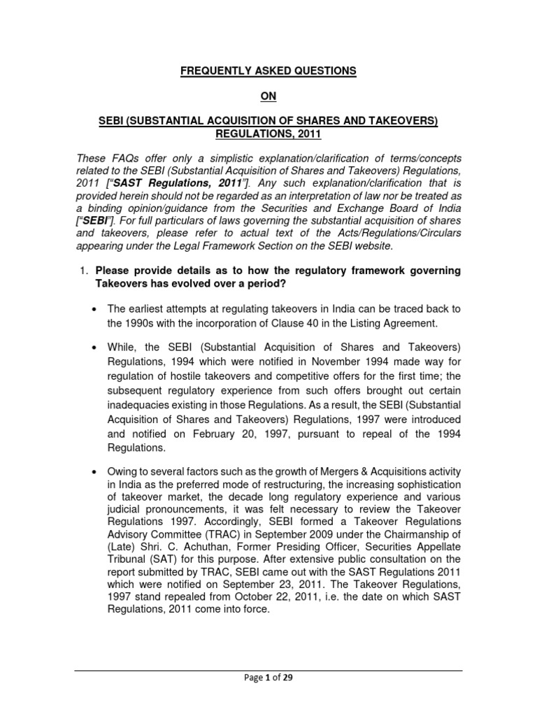 FAQ On SAST | PDF | Takeover | Stocks