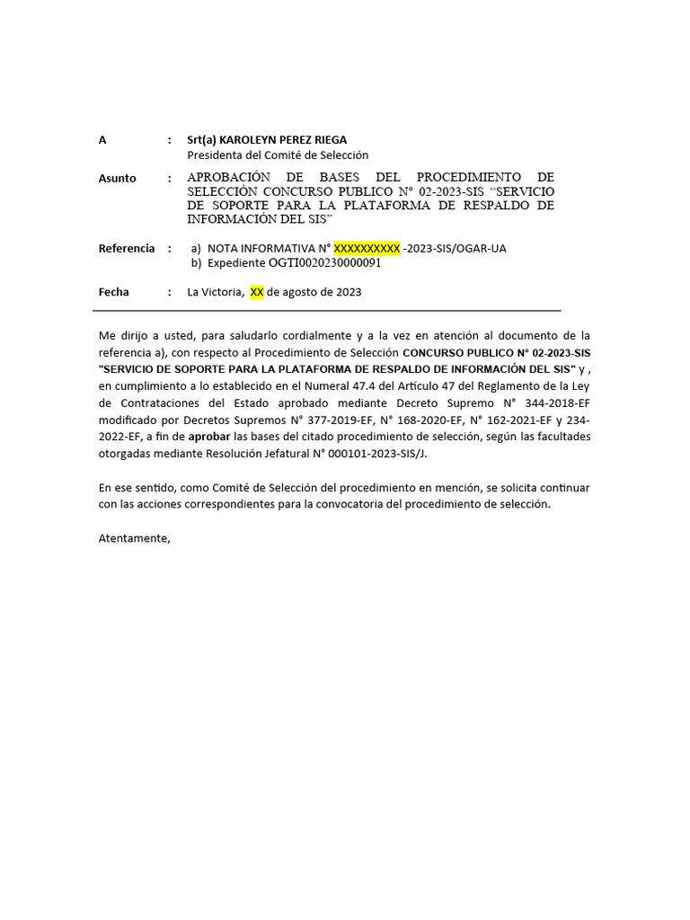 PROYECTO DE MEMO A COMITE DE SELECCION - APROBACION DE BASES | PDF