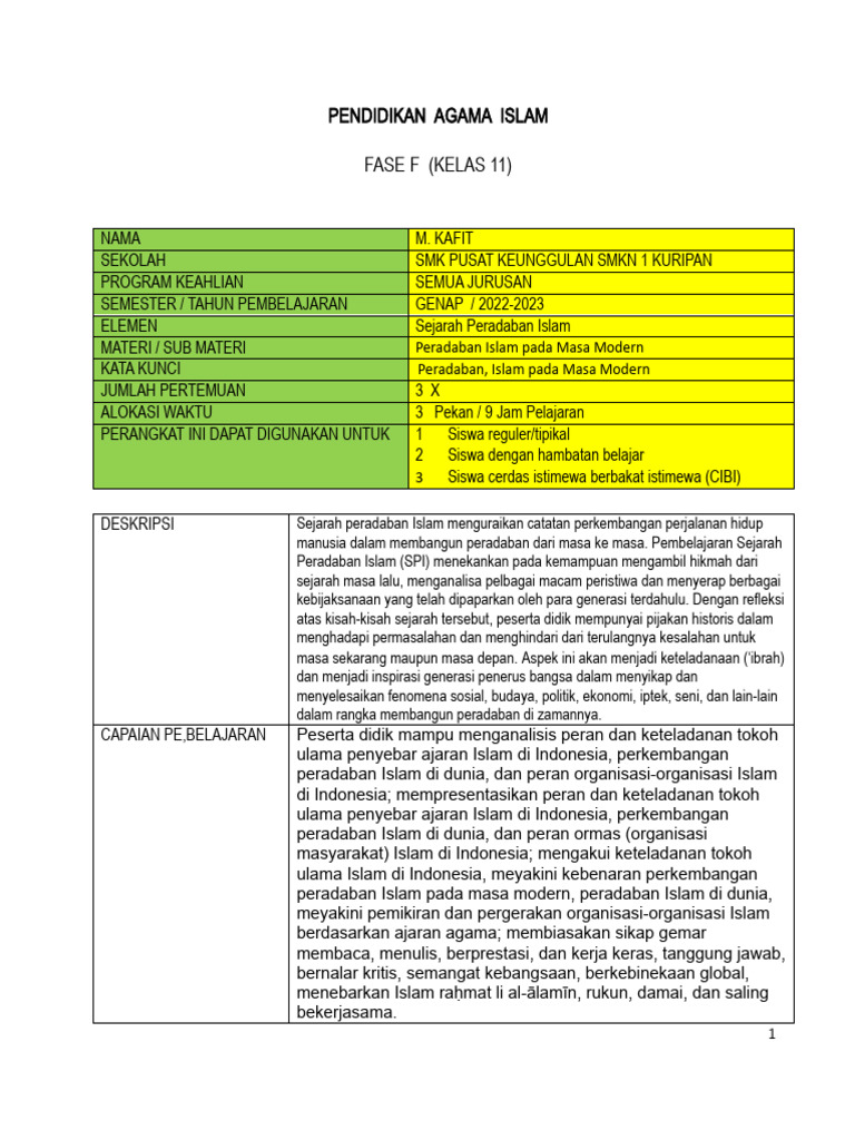 Modul Ajar BAB 10 Peradaban Islam Pada Masa Modern Klas 11 | PDF
