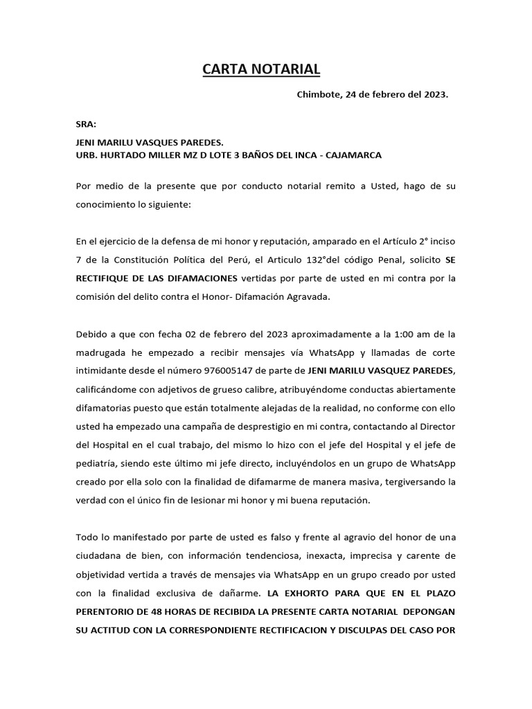 Carta Notarial por Difamación | PDF